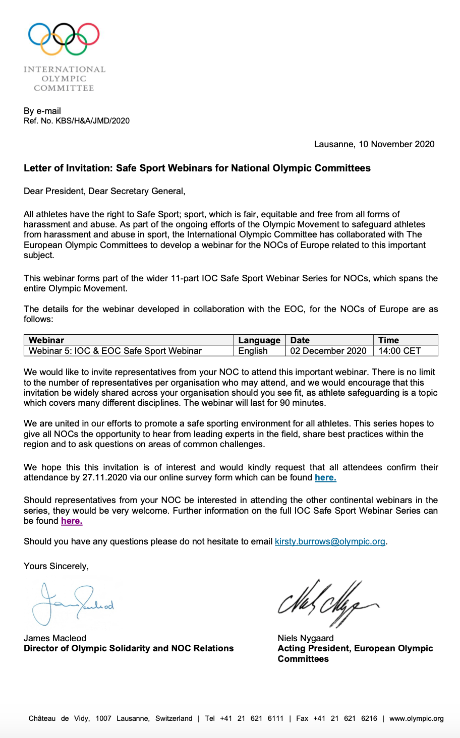 IOC INVITES TO SAFE SPORT WEBINARS – Women Sport International